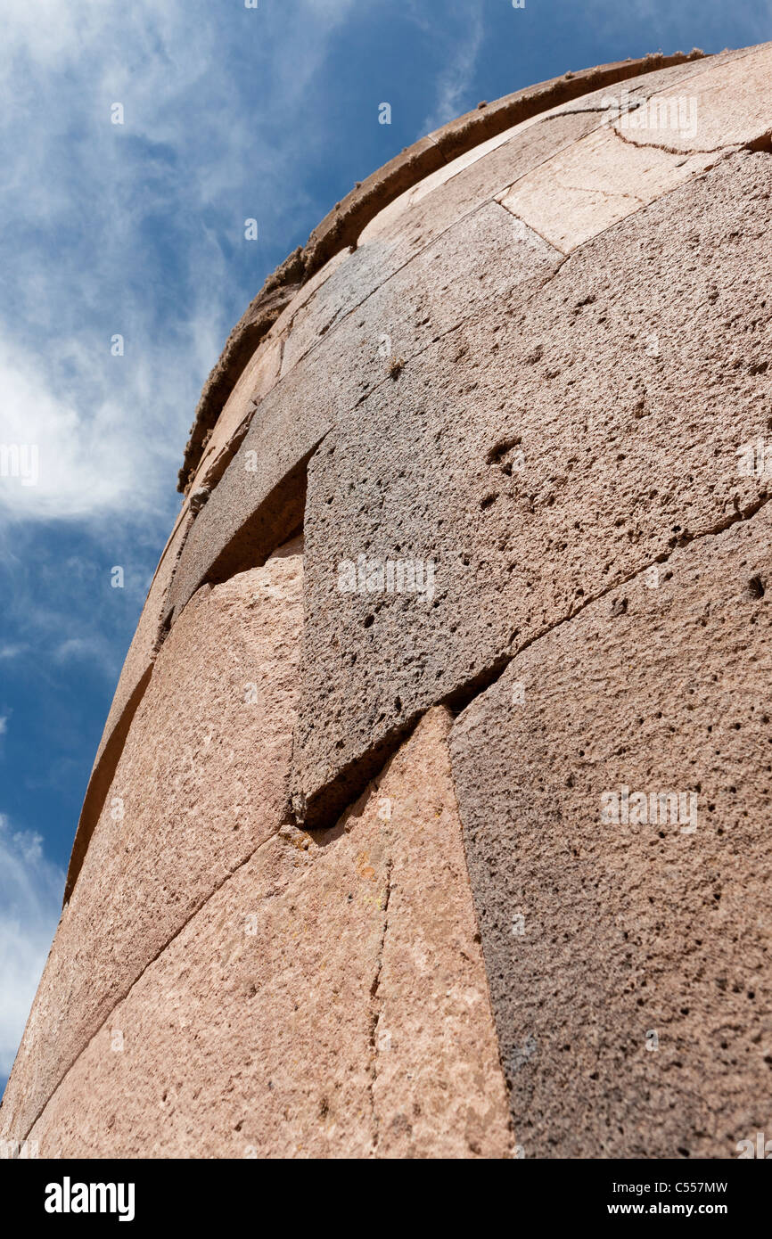 One of the funerary towers at Silustani close to Puno in Peru. The ...