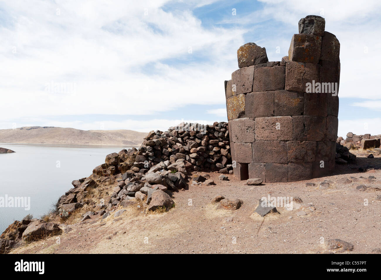 One of the funerary towers at Silustani close to Puno in Peru. The ...