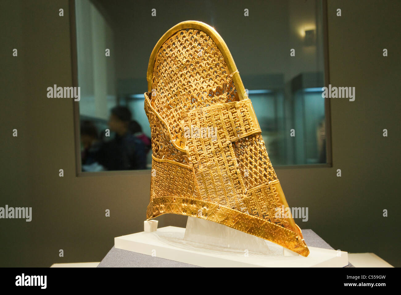Golden cap in a museum, Gyeongju National Museum, Gyeongju, South Korea ...