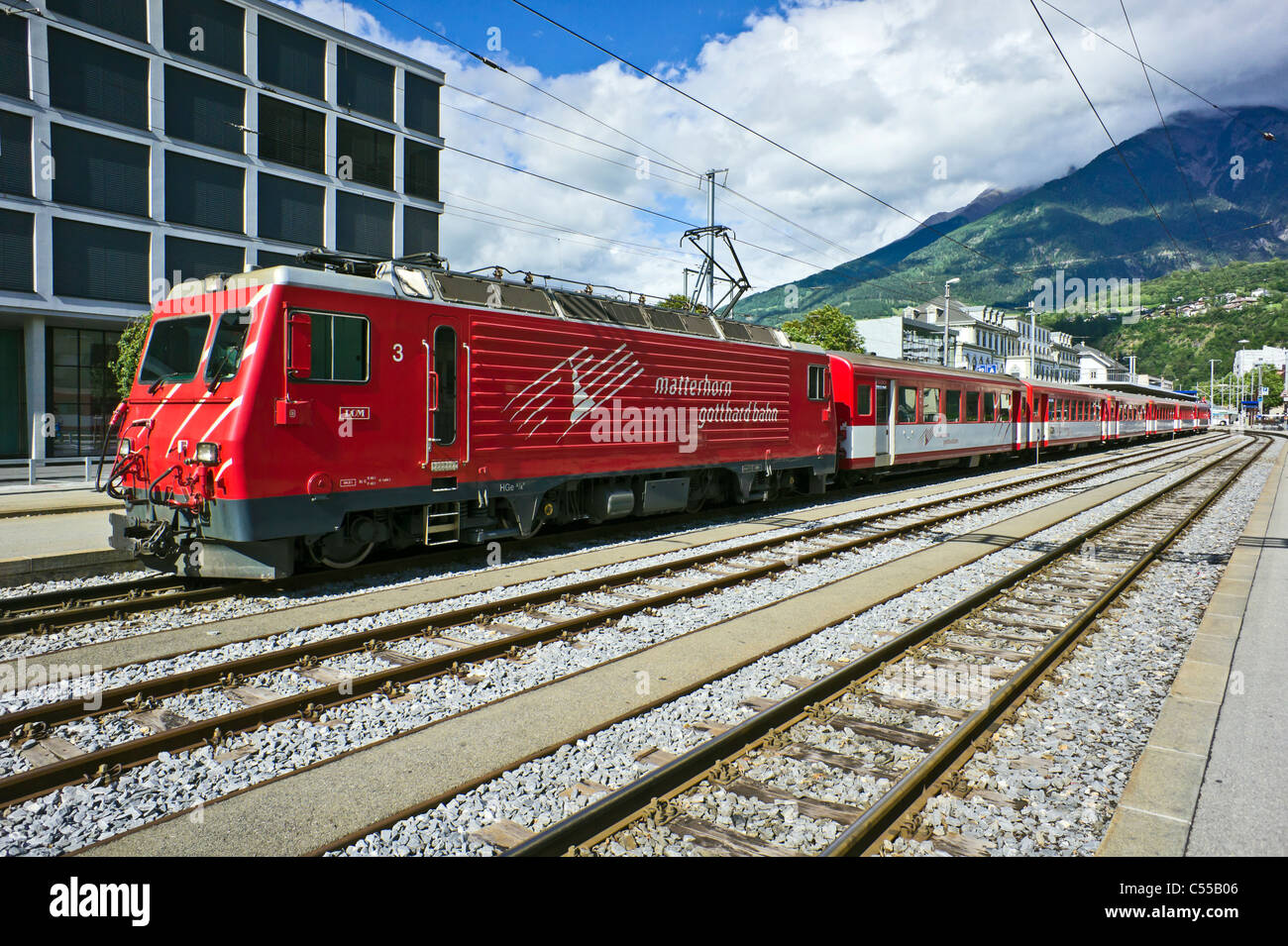 A Matterhorn Gotthard Bahn train arriving from Disentis direction at ...