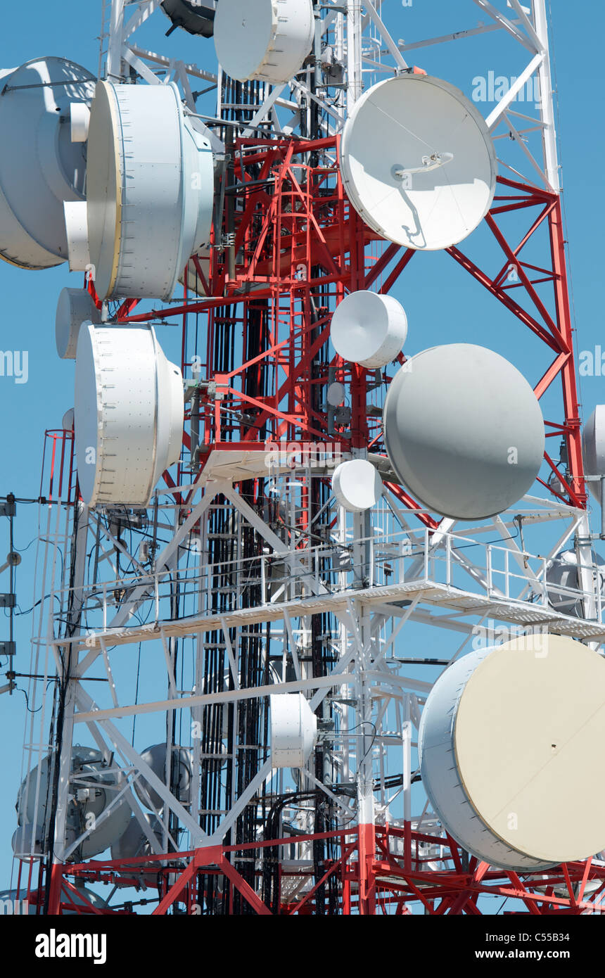 closeup of a telecommunications tower with a clear blue sky Stock Photo ...