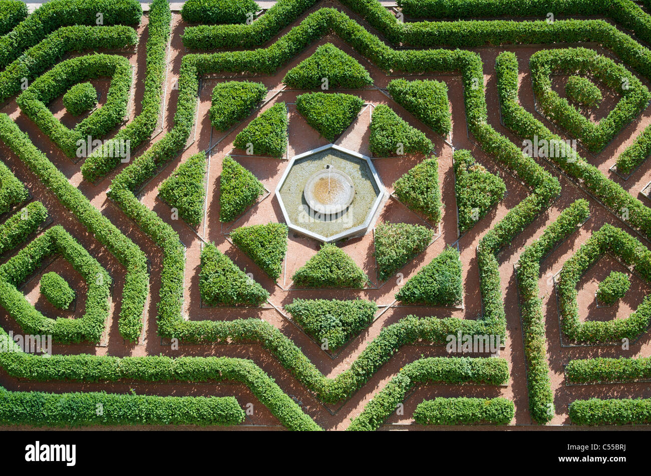 overhead view of a formal garden in the Alcazar of Segovia, Castilla ...