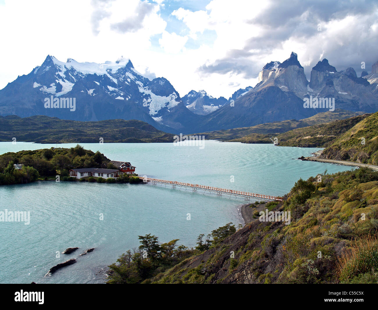 View of Los Cuernos in Torres del Paine,Hosteria Pehoe and Lago Pehoe ...
