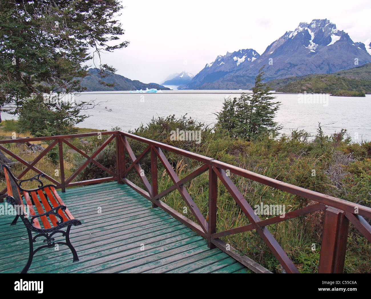 View of Lago Grey Glacier from deck of Hosteria Lago Grey in Torres del ...