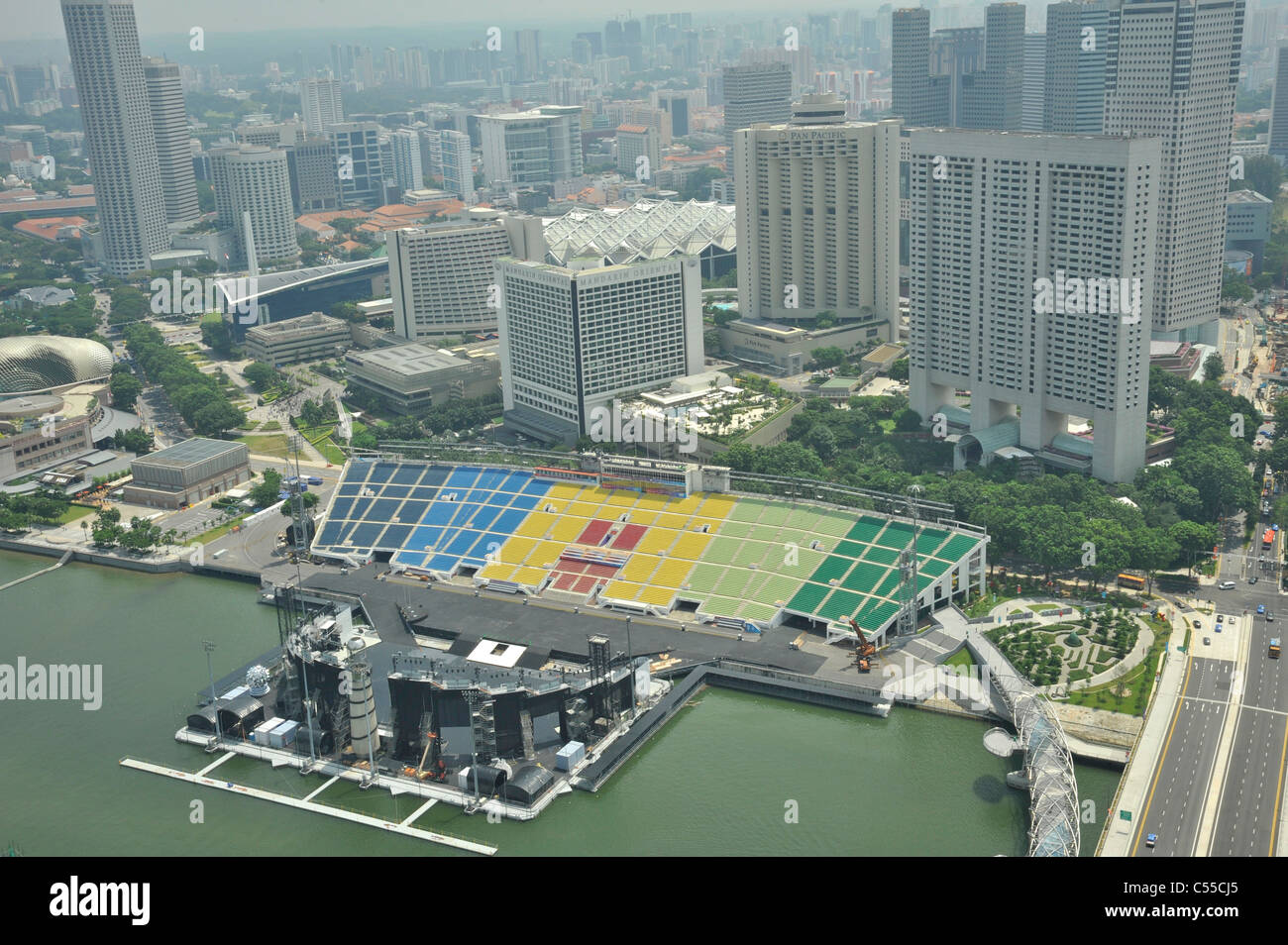 High angle view of floating stage at a bay, Marina Bay, Singapore City ...