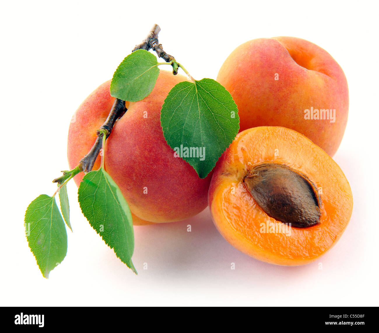 Apricot with leaves on a white background Stock Photo - Alamy