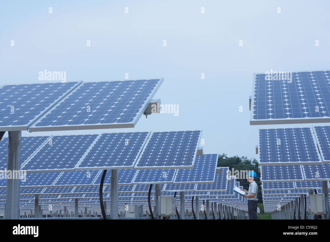 A person standing with Solar power plant Stock Photo - Alamy