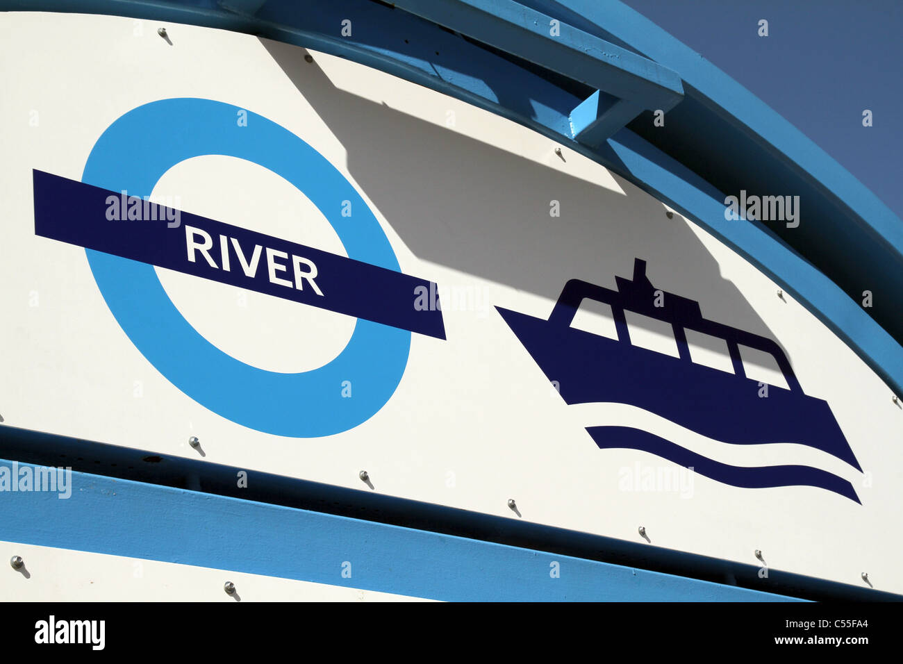 Sign on the Westminster pier for ferries on the Thames river in London ...