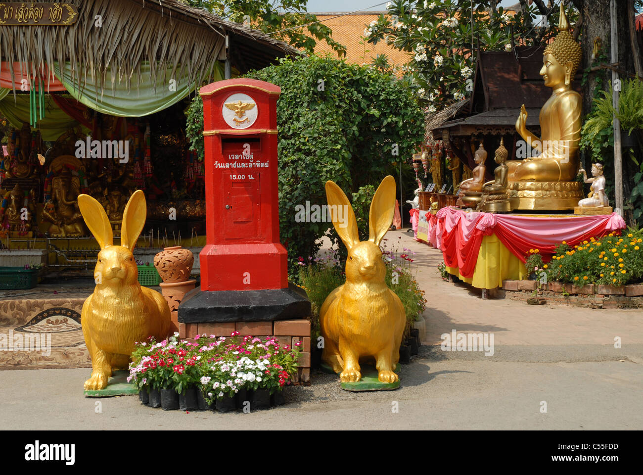 Golden rabbit outside a Buddhist temple, Bangkok, Thailand, South East ...