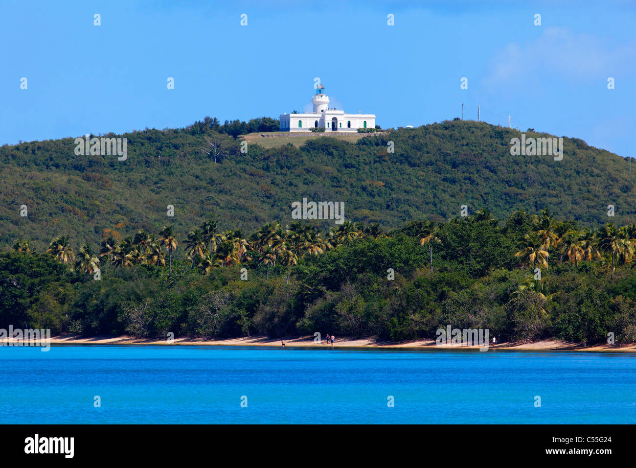 Lighthouse on a hill, Fajardo Lighthouse, Seven Seas Beach, Puerto Rico ...