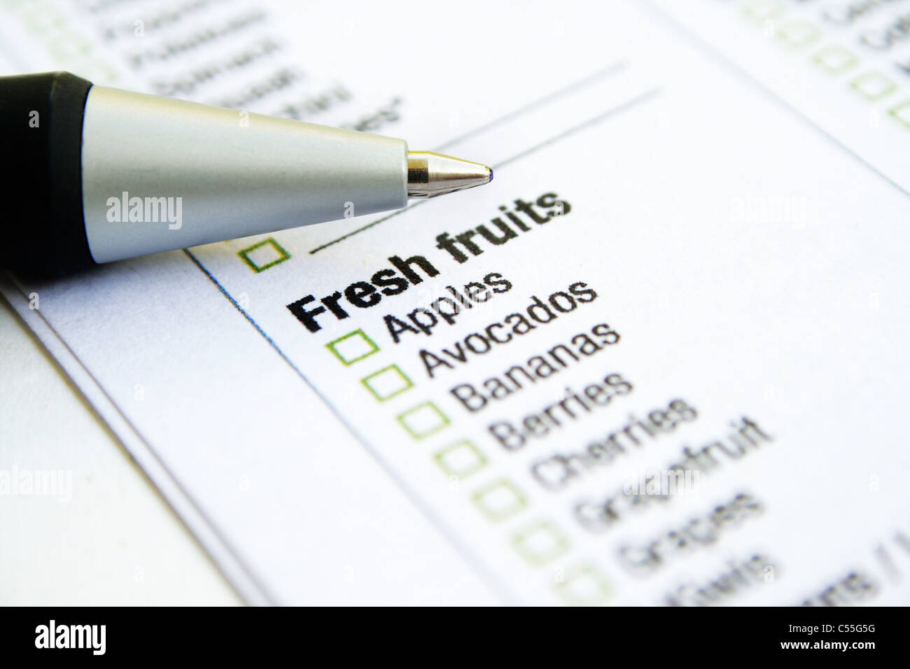 Fresh fruits grocery list Stock Photo - Alamy