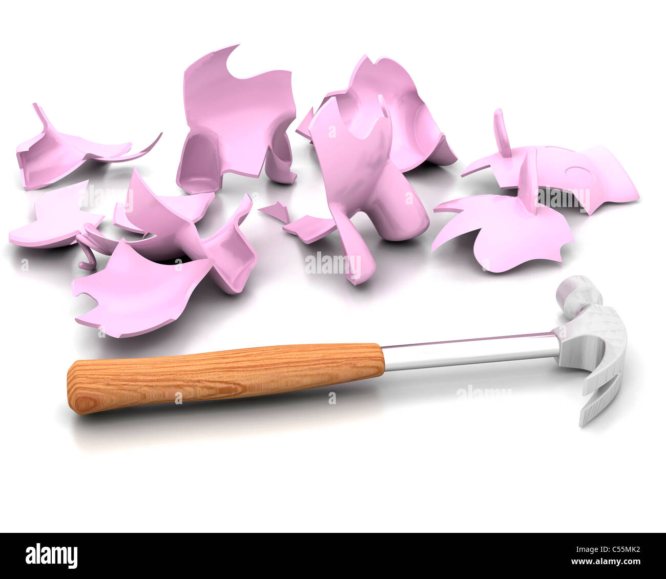 Smashed piggy bank with a hammer Stock Photo - Alamy