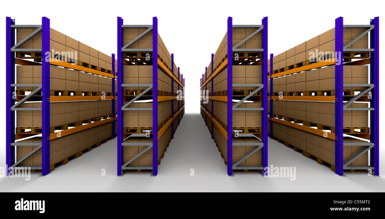 3D render of racking full of boxes Stock Photo - Alamy