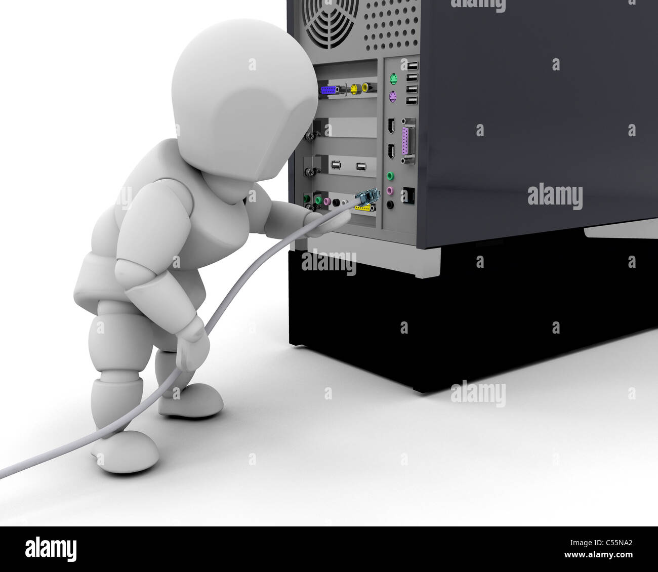 3D render of someone plugging in a cable in a computer Stock Photo - Alamy