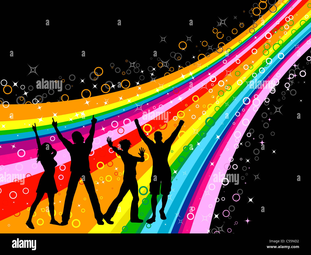 Silhouettes of people dancing on rainbow burst background Stock Photo ...