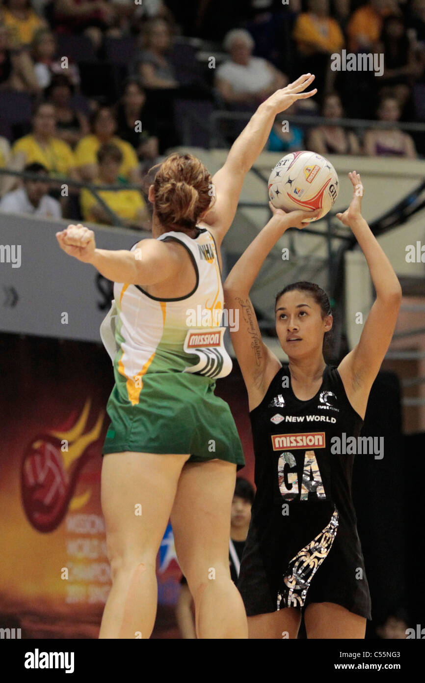 08.07.2011 Amanda Mynhardt of South Africa(left) goes in for the block ...