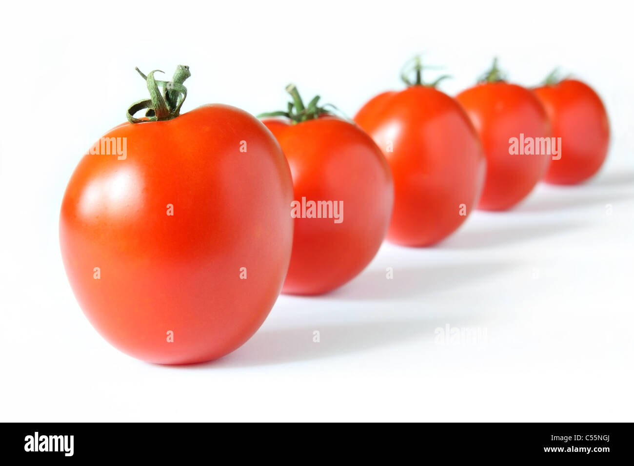 Five red tomatoes standing in a row on a white background Stock Photo ...
