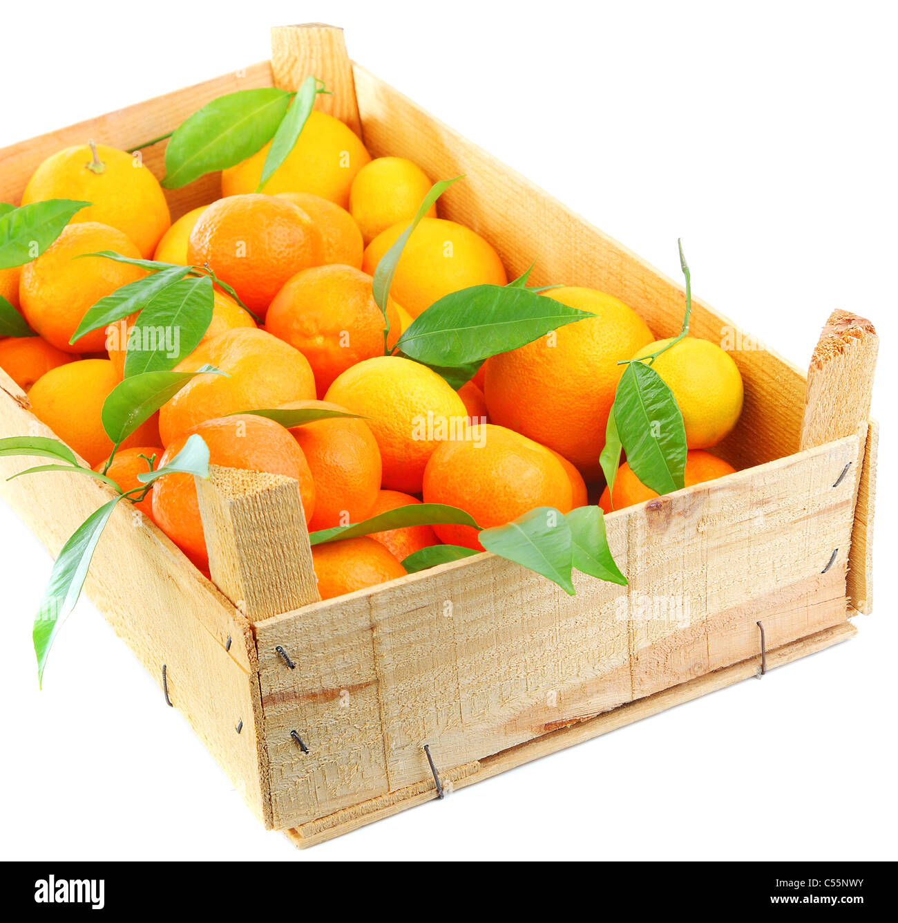 Fresh orange mandarins box,fruits isolated on white background, concept ...