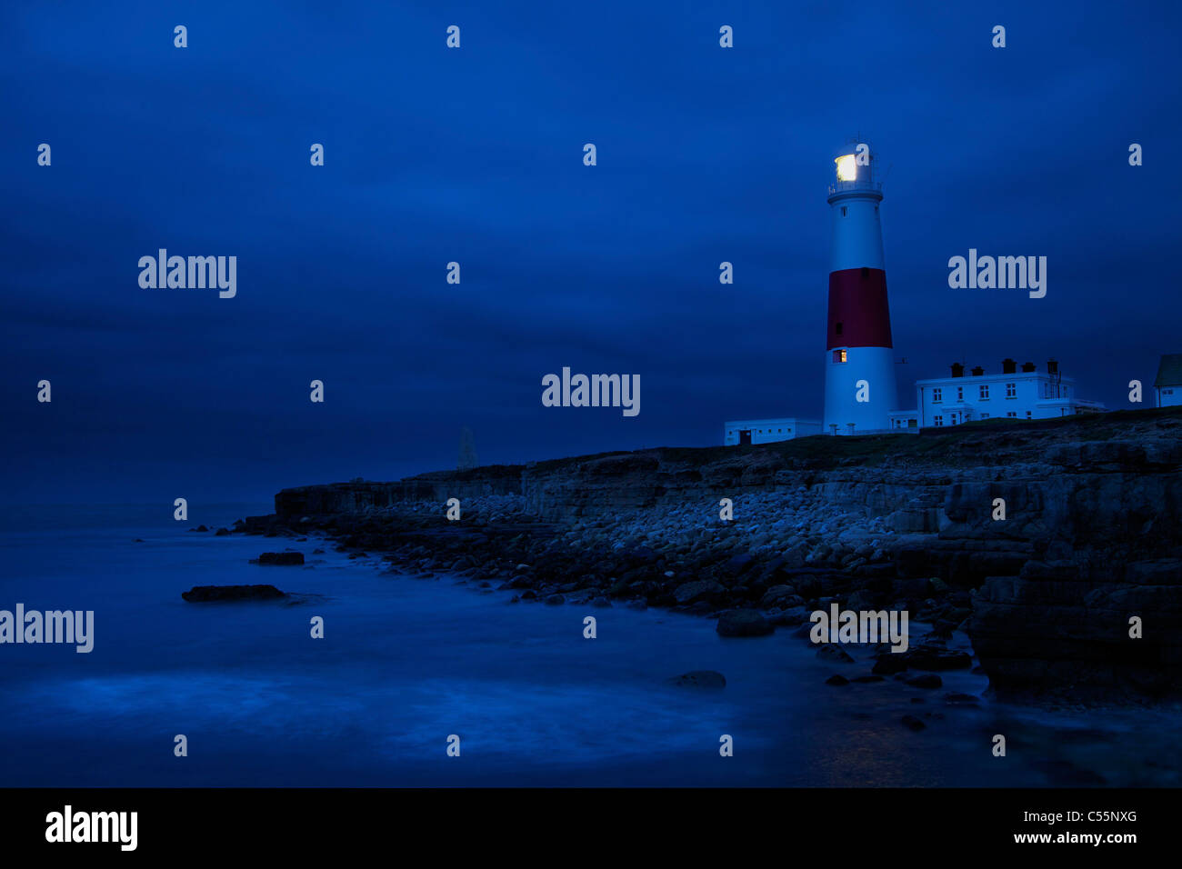 England, Dorset, Portland Bill Lighthouse at Jurassic Coast, night ...