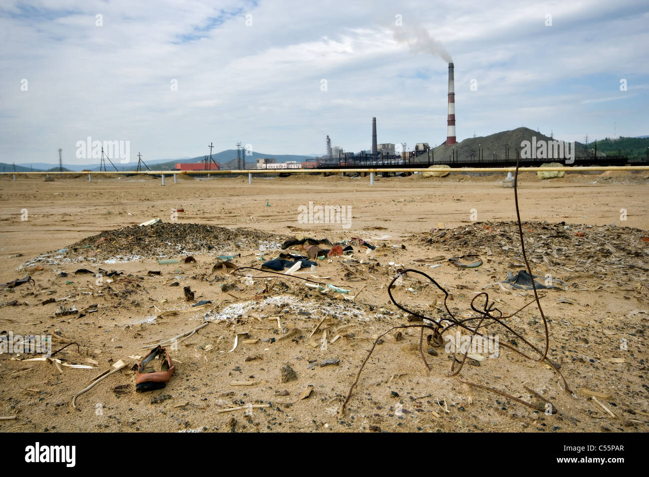 Garbage near Karabash Copper Smelting mill. Dead ecological desert ...