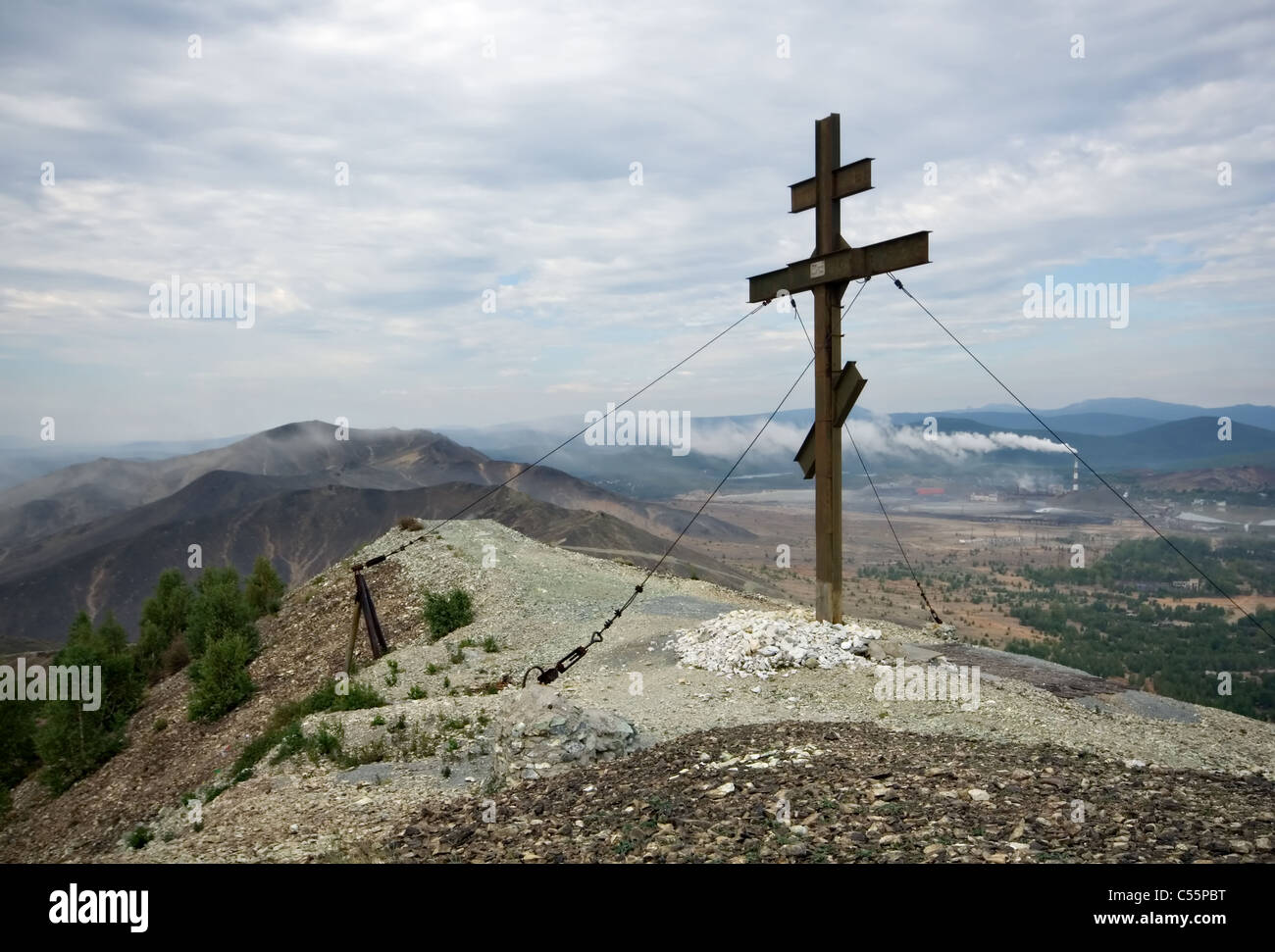 Orthodox cross. Dead ecological desert near the Karabash Copper ...