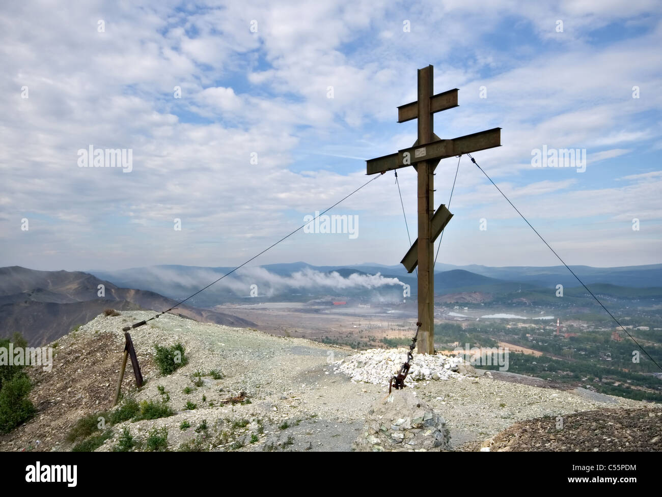Orthodox cross. Dead ecological desert near the Karabash Copper ...