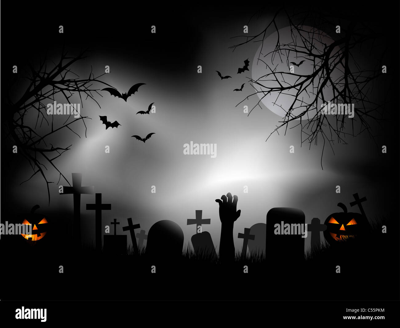 Spooky graveyard with zombie hand coming out of the ground Stock Photo ...