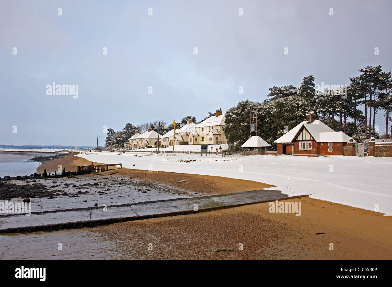 Snow on the beach at Bawdsey ferry, Suffolk, UK Stock Photo - Alamy