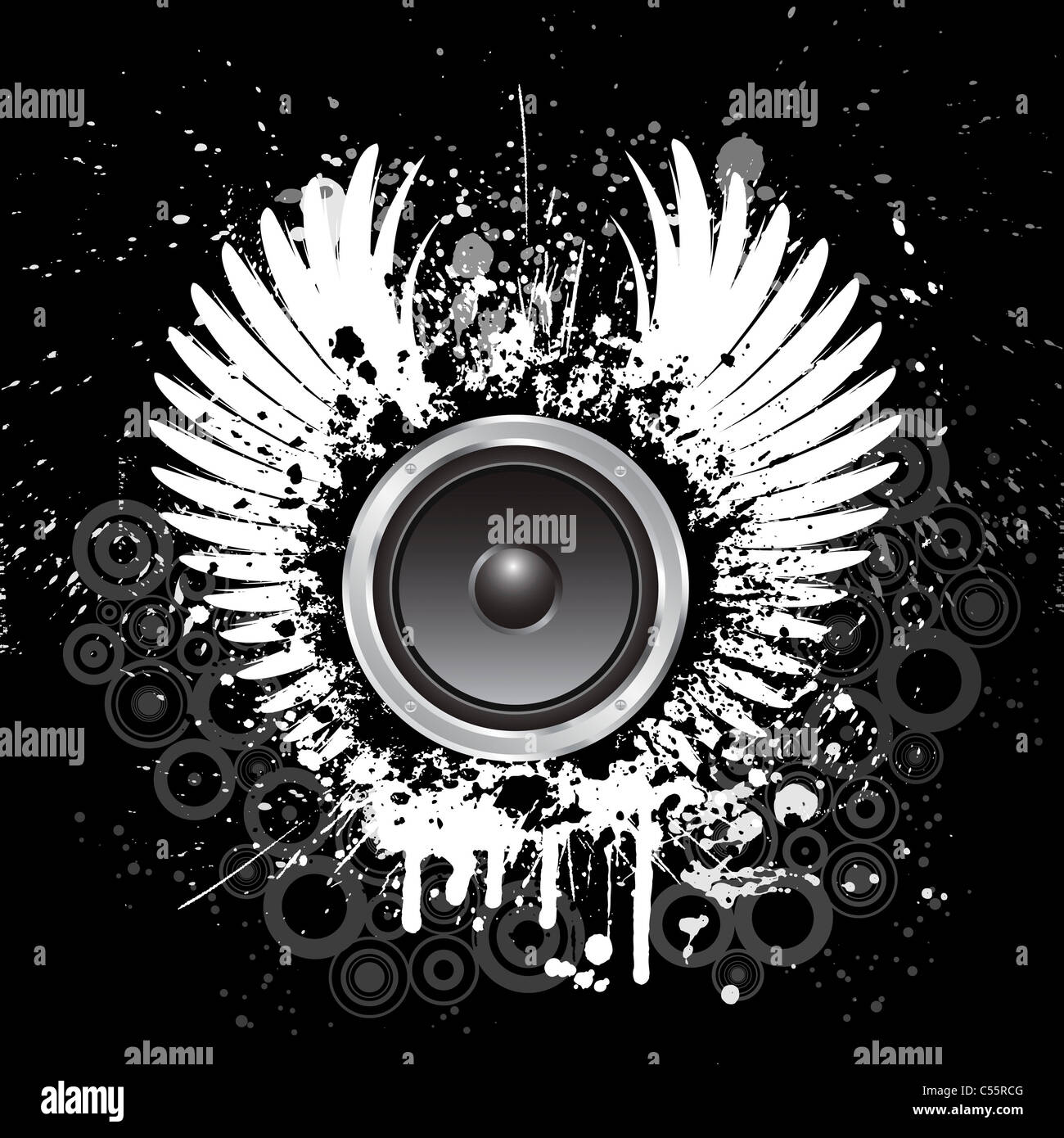Grunge music background with speaker and wings Stock Photo - Alamy