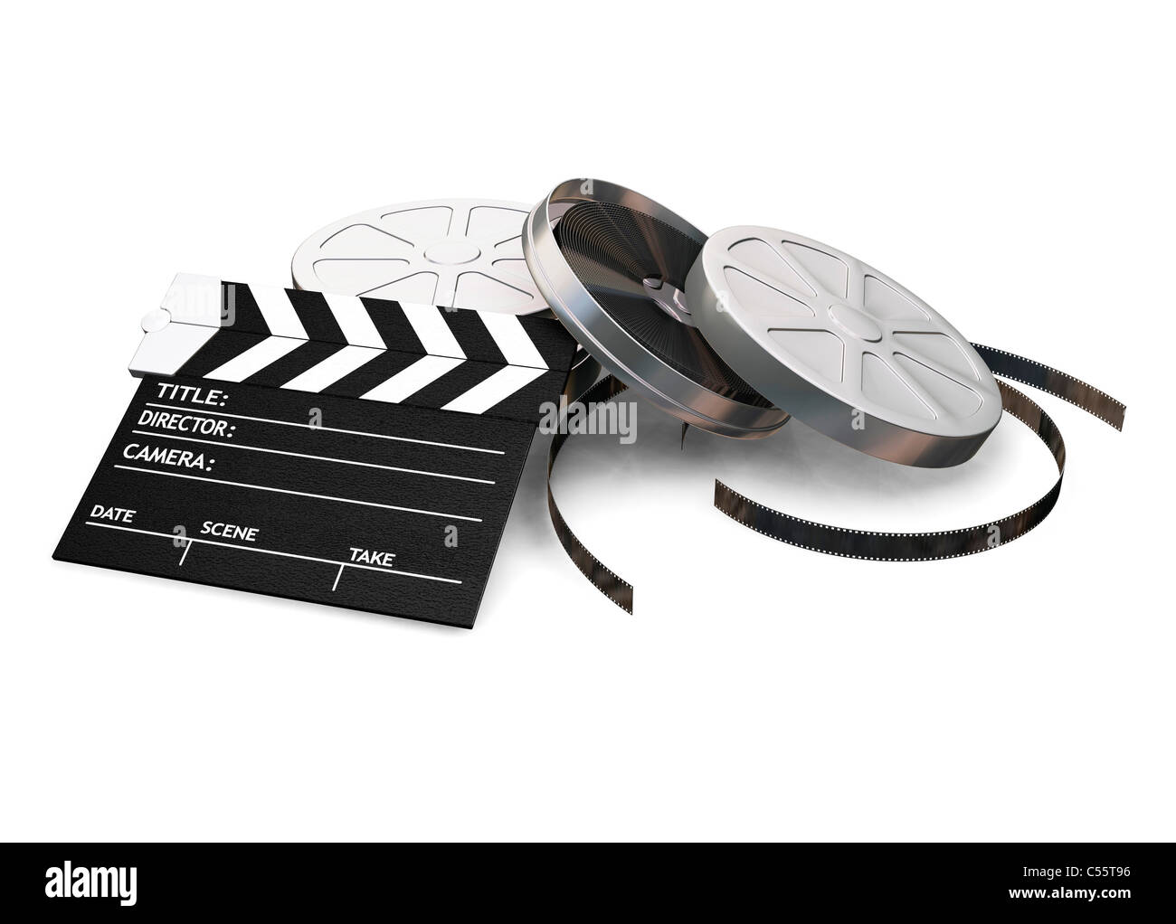 3D render of film reels and a clapper board on a white background Stock ...