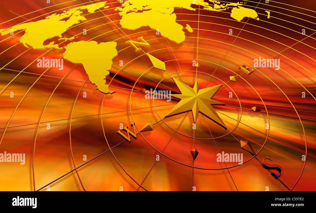 Compass with world map on abstract background Stock Photo - Alamy