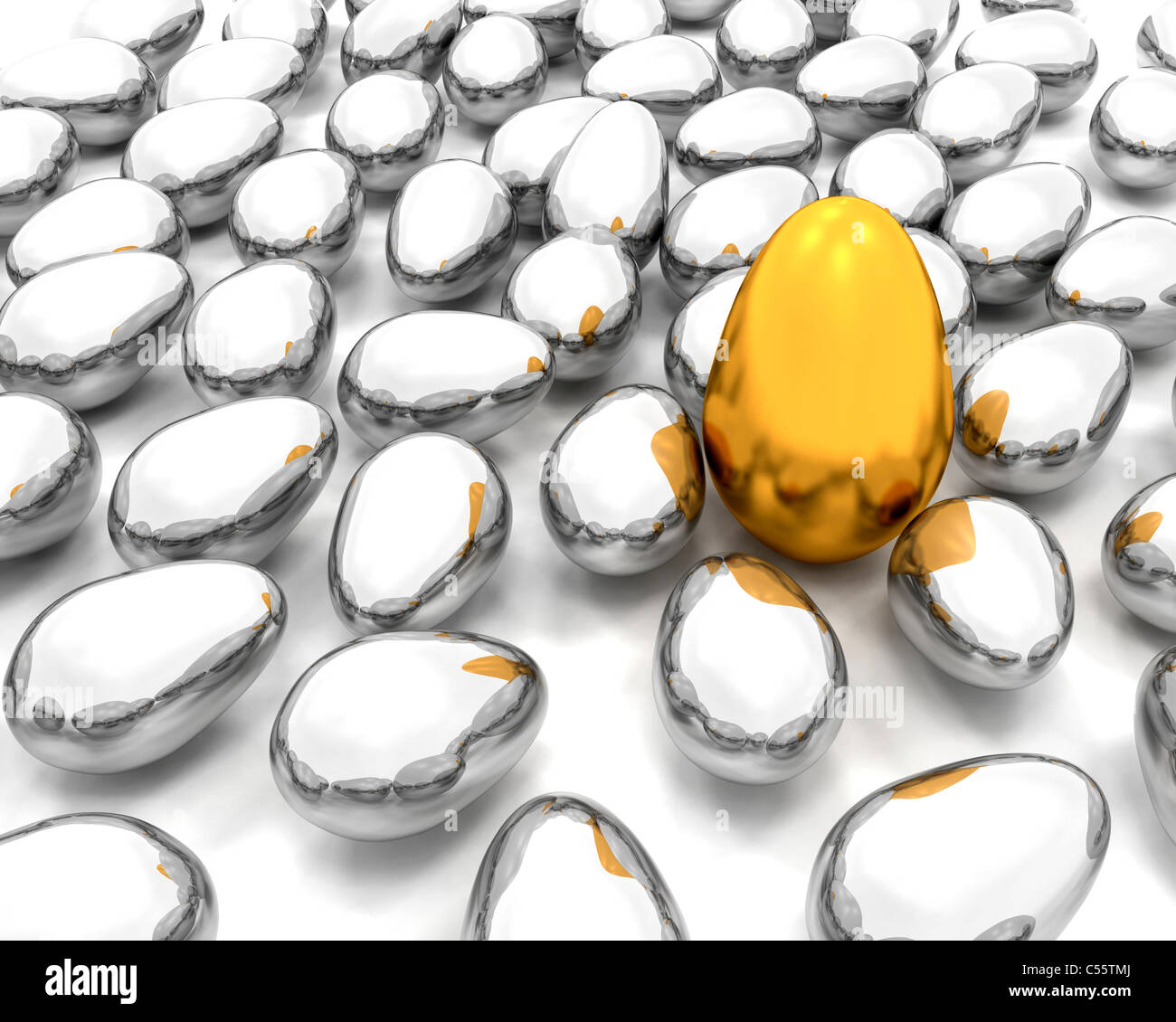 One golden Easter egg amongst lots of silver eggs Stock Photo - Alamy