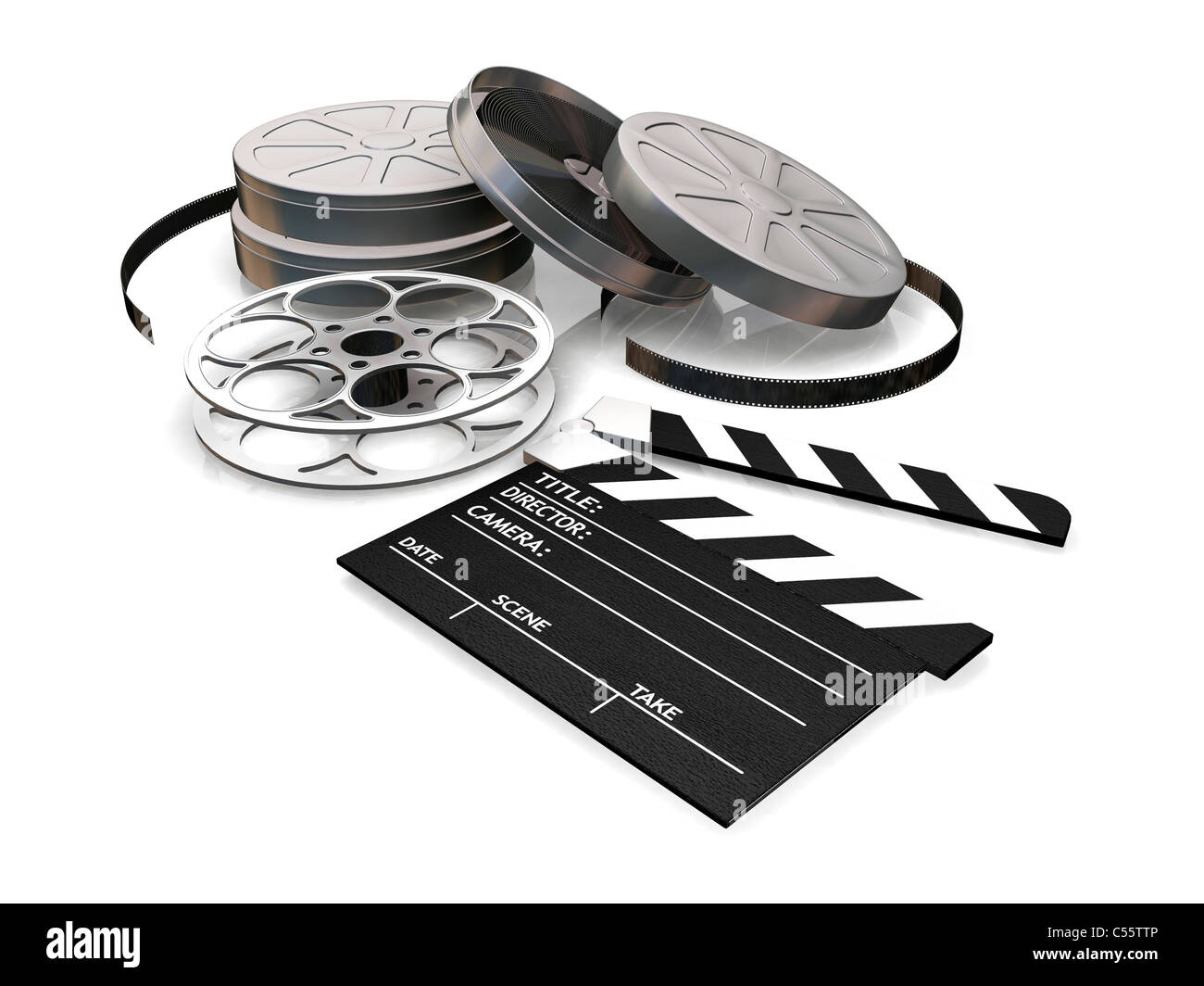 3D render of film reels and a clapper board on a white background Stock ...