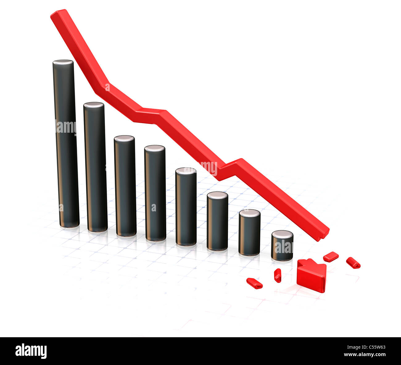 3D render of a chart showing falling profits with fading grid on the ...