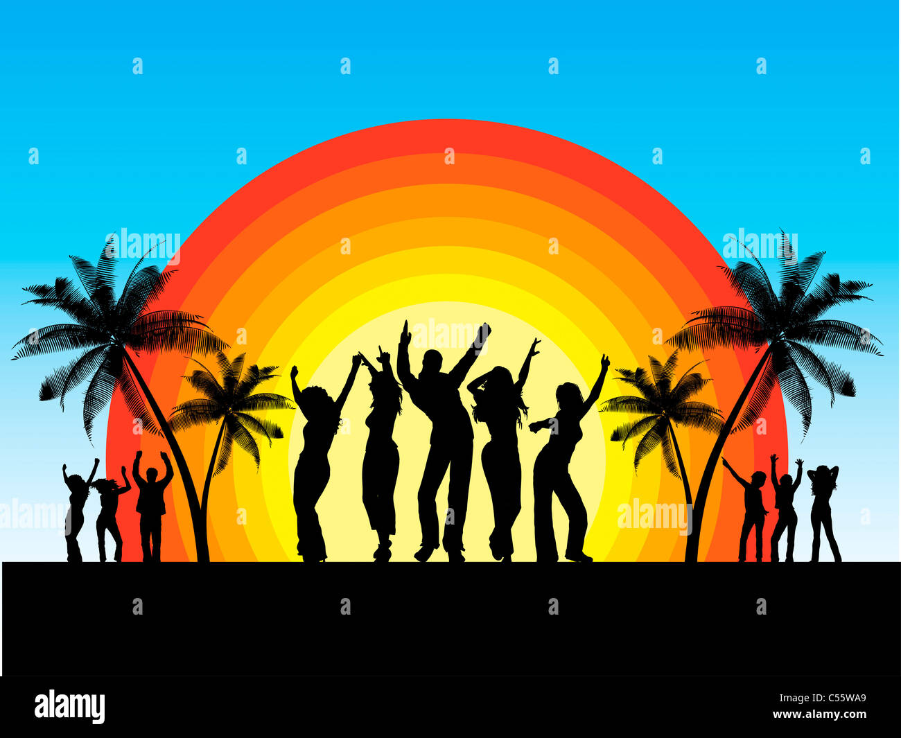 Silhouettes of people dancing on summer background Stock Photo - Alamy