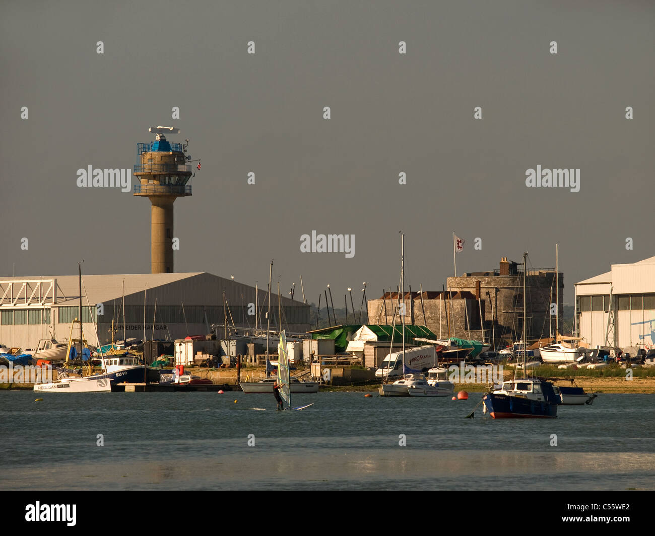 View of the castle and Coastguard tower at Calshot Spit Hampshire ...