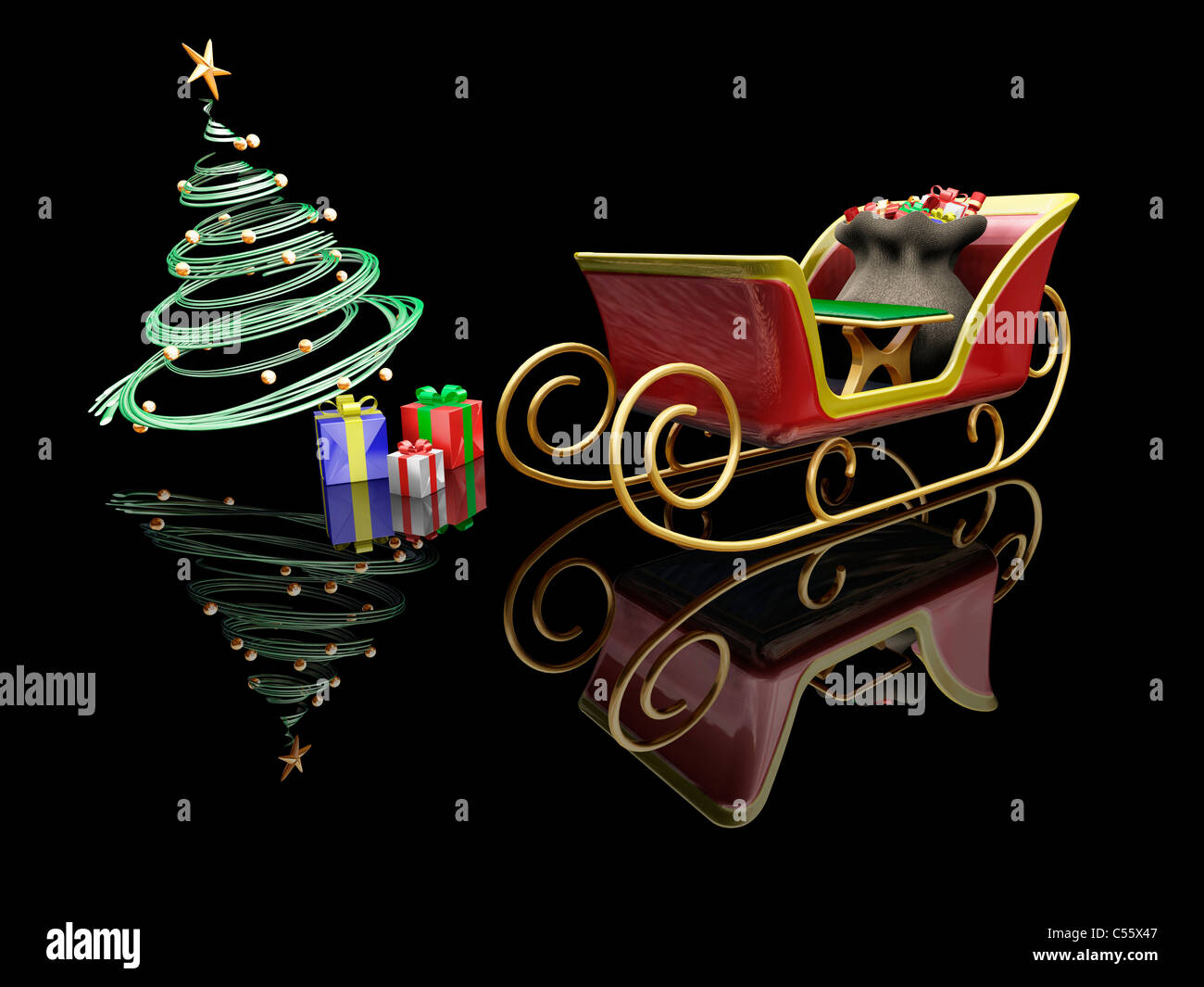3D render of Santas sleigh, a Christmas tree and presents Stock Photo ...