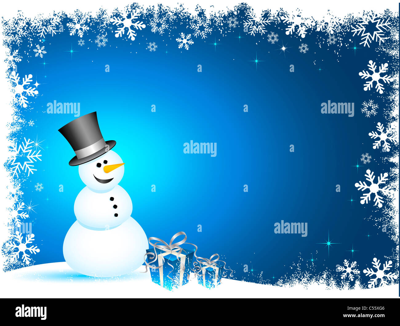 Happy snowman with gifts on snowflake background Stock Photo - Alamy