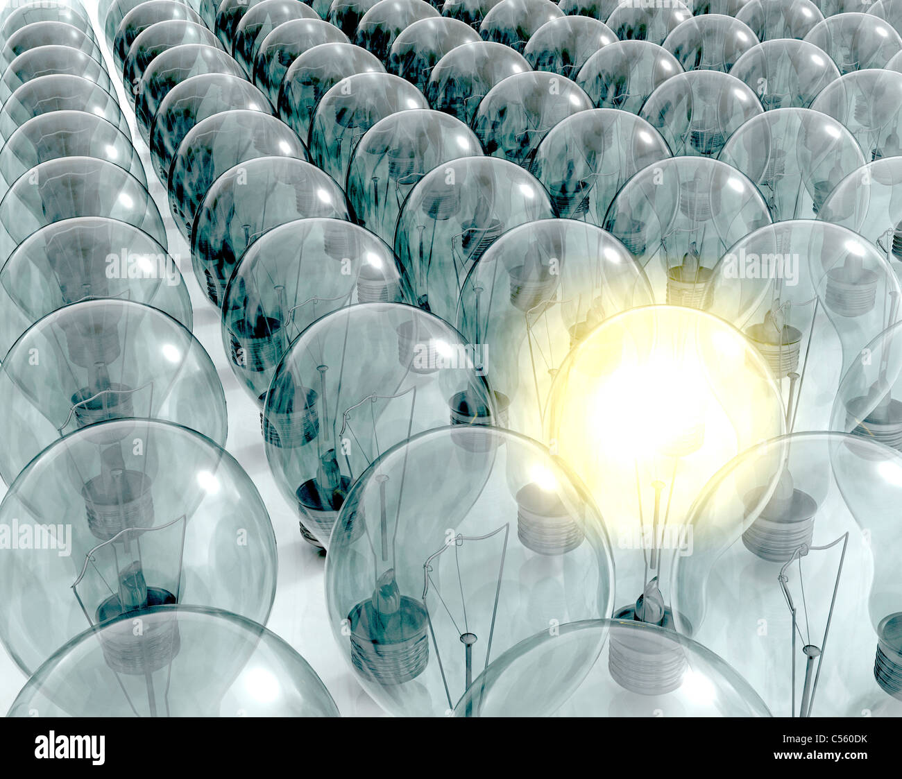 3D render of lots of light bulbs with one illuminated Stock Photo - Alamy