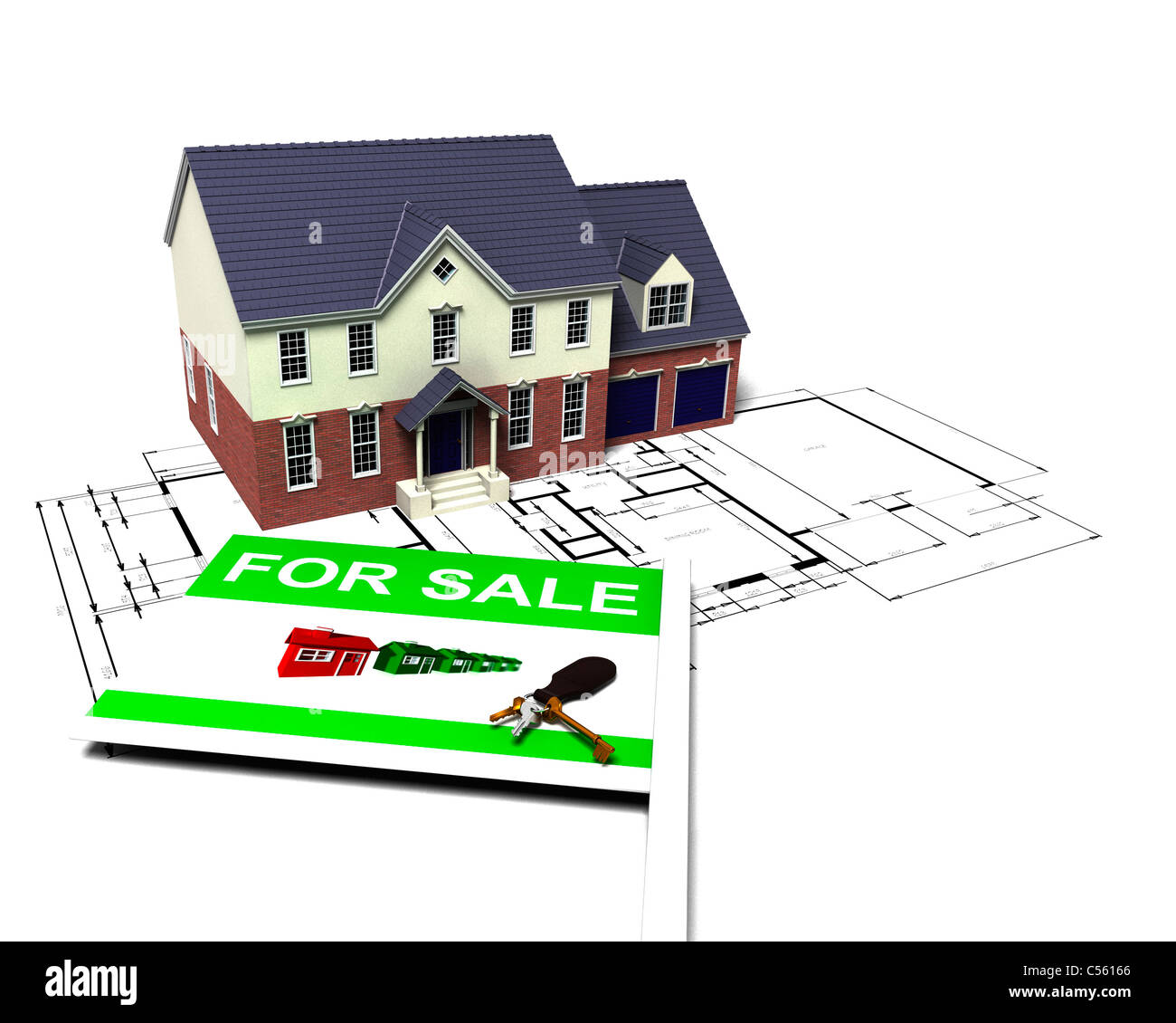 3D render of a house on blueprints with for sale sign Stock Photo - Alamy