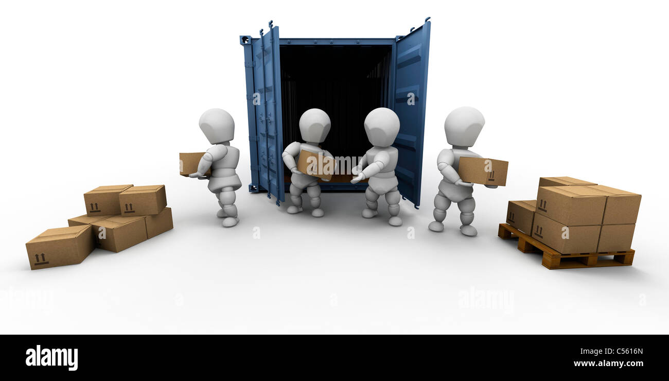 3D render of a team of people unloading boxes Stock Photo - Alamy