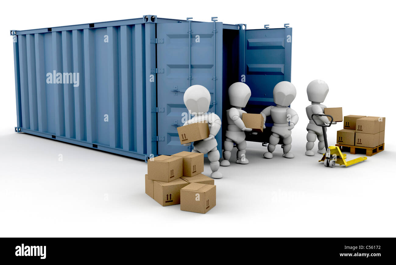 3D render of people unloading boxes from a freight container Stock ...