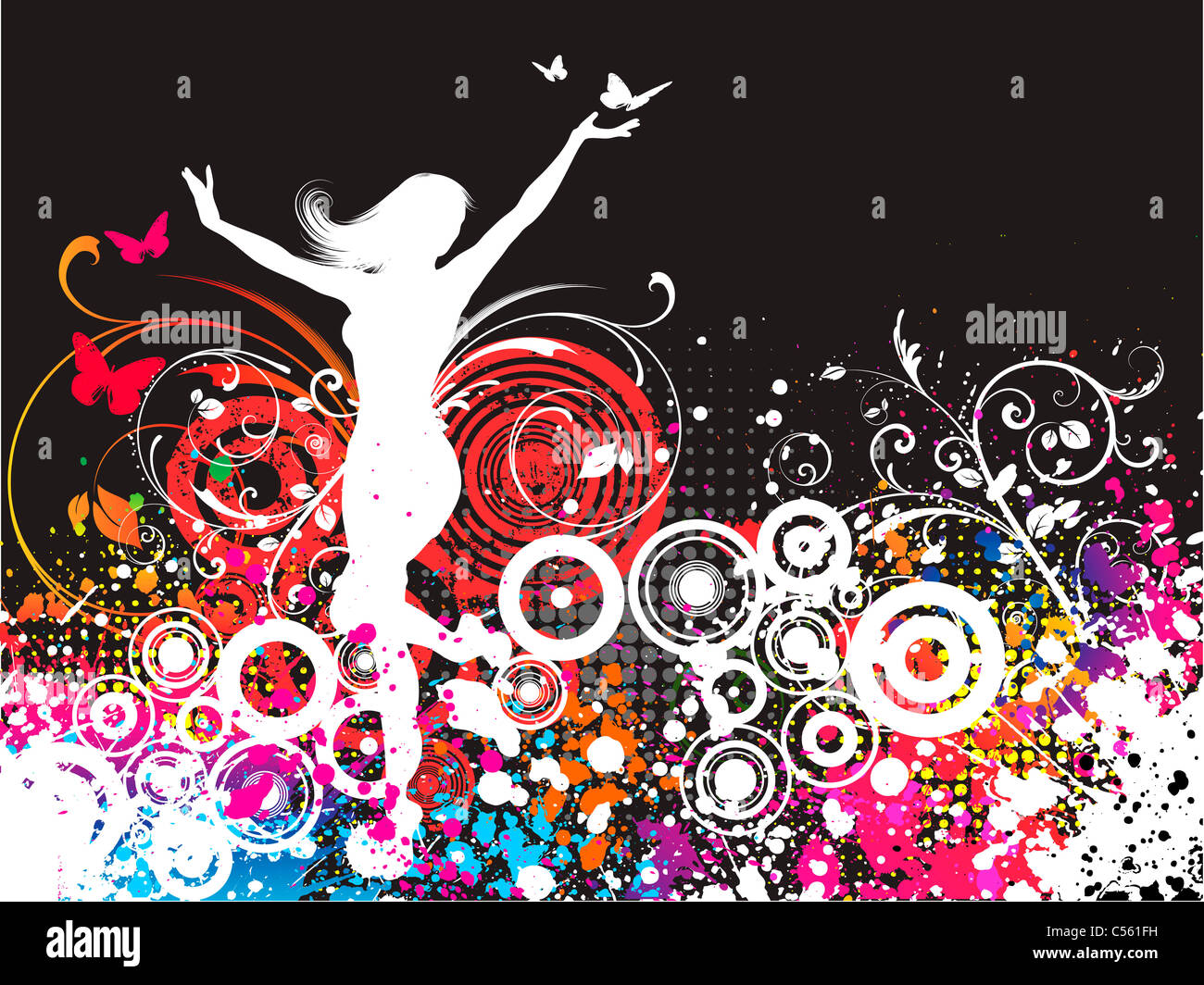 Silhouette of a female dancing on a chaotic grunge background Stock ...