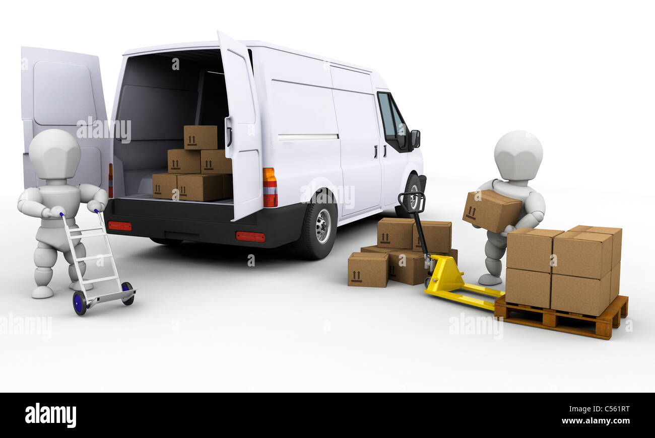 3D render of people unloading boxes from a van Stock Photo - Alamy