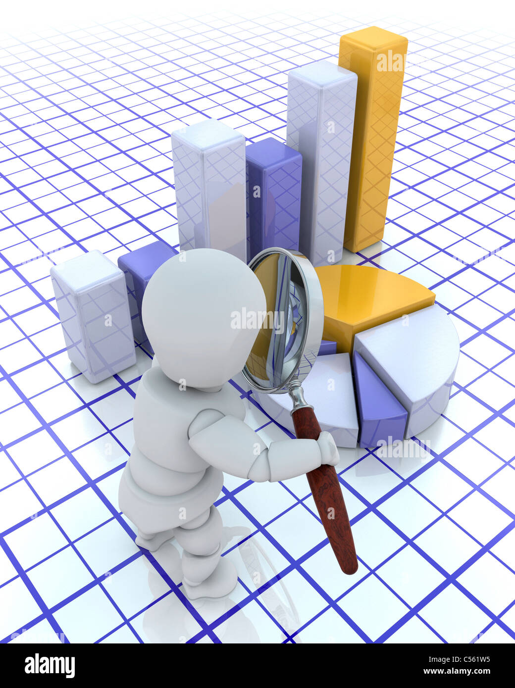 3D render of someone looking at a graph through a magnifying glass ...