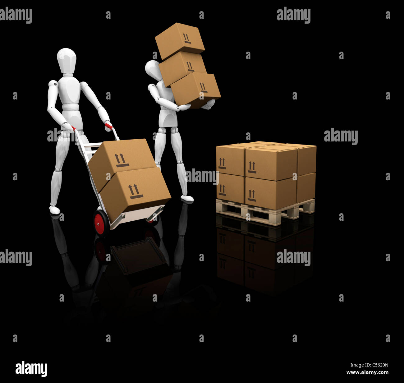 3D render of workers stacking boxes Stock Photo - Alamy