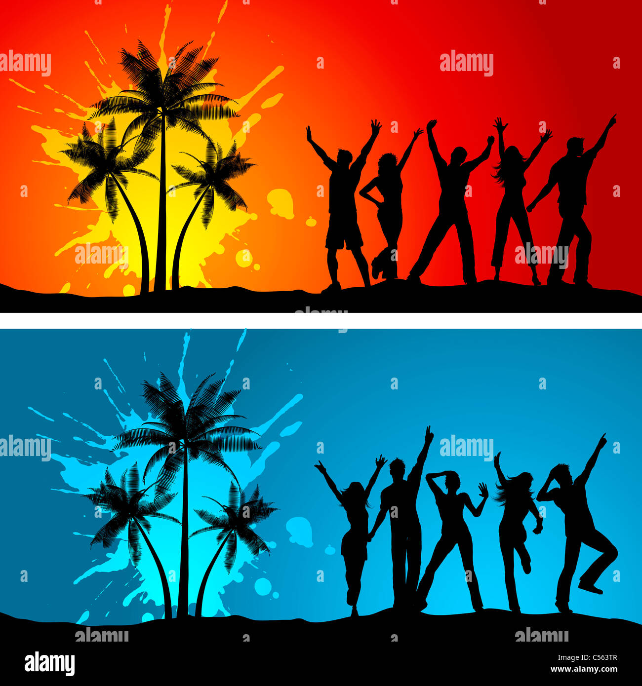 Silhouettes of people dancing on grunge palm tree backgrounds Stock ...