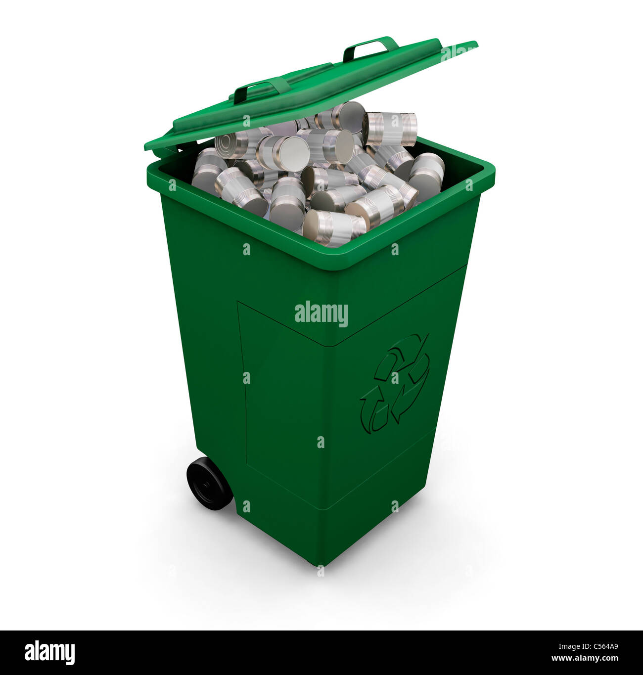 3D render of a recycling wheelie bin full of tin cans Stock Photo - Alamy