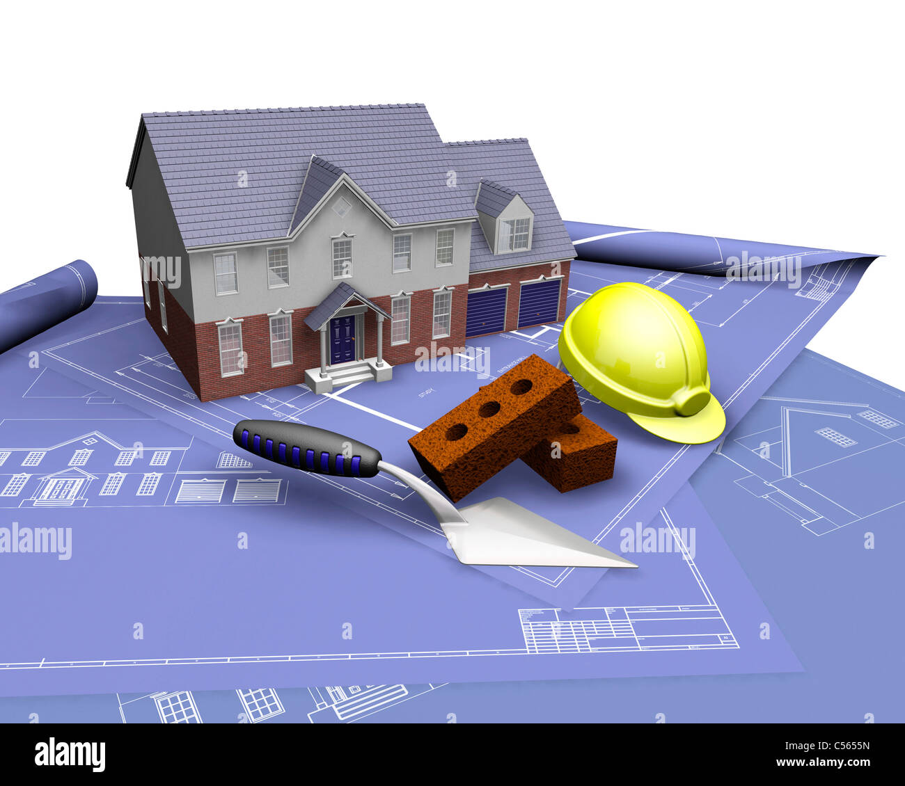 3D render of a house on blueprints with construction tools Stock Photo ...