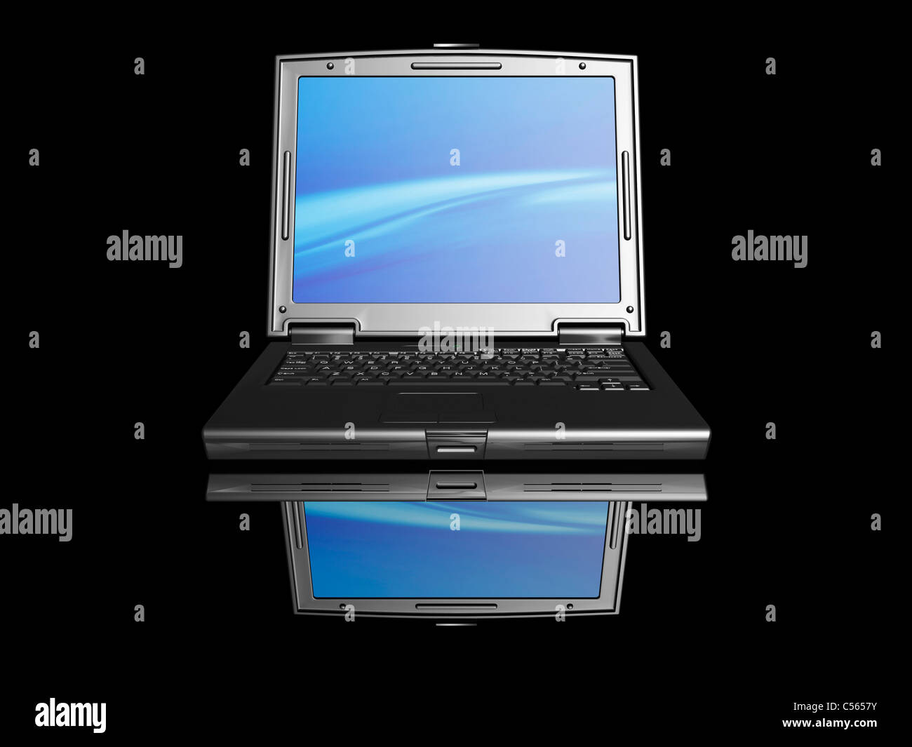 3D render of a black laptop on a black background Stock Photo - Alamy